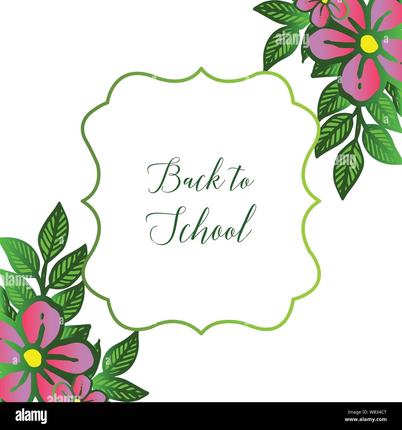 Template text back to school, with drawing of green leaf flower frame ...