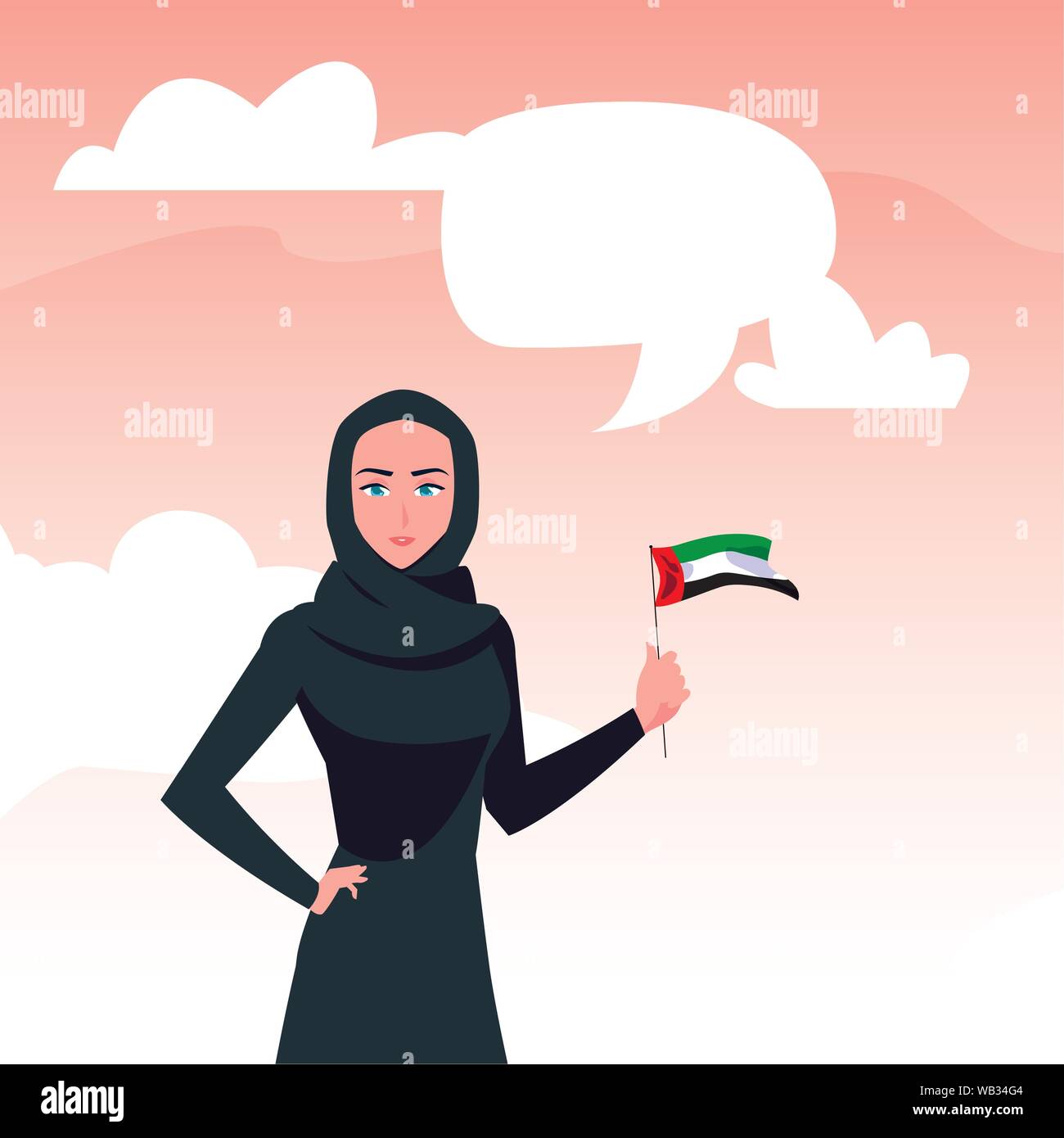 arab woman character with flag talk bubble outdoor vector illustration ...