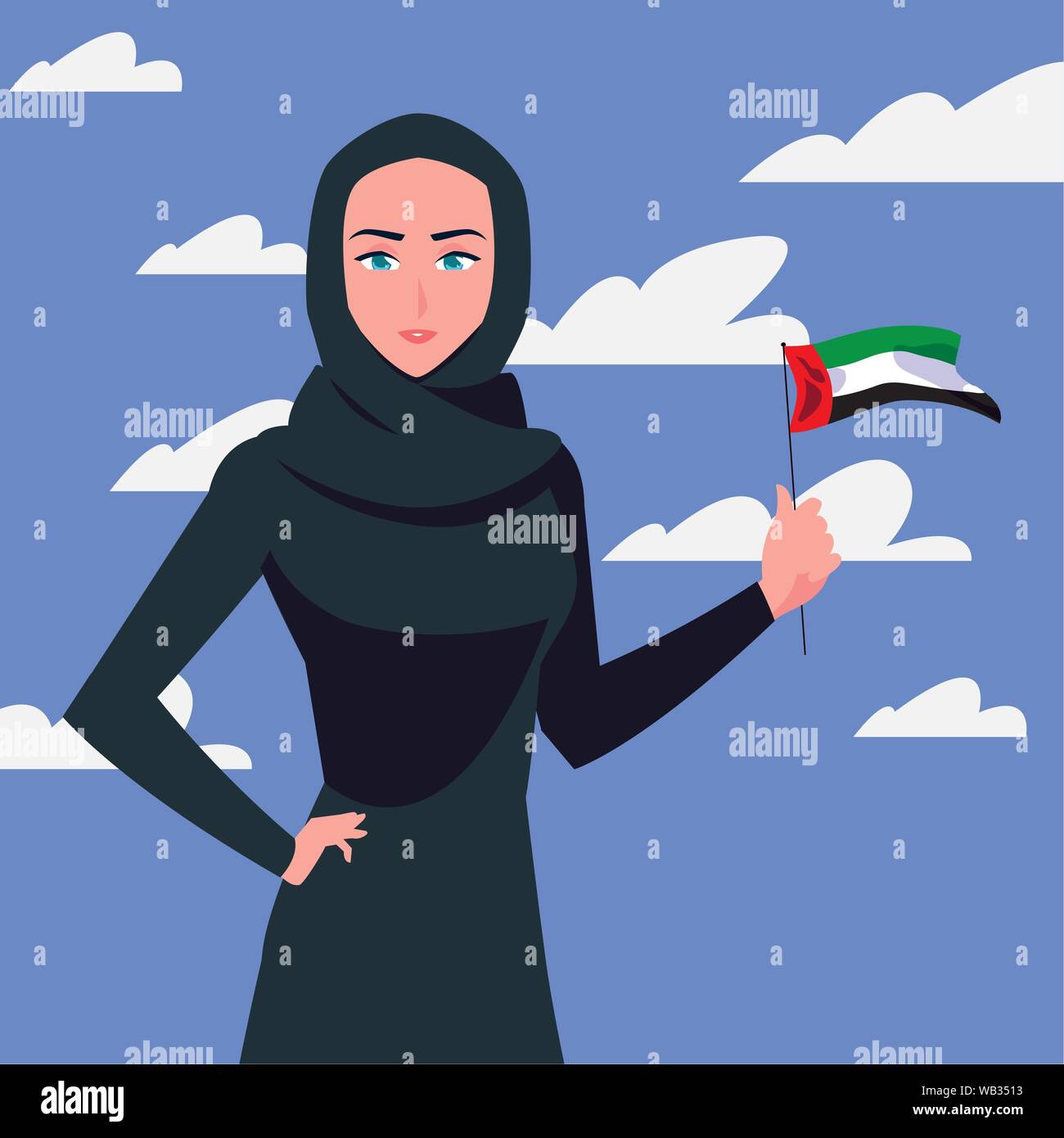 arab women with united arab emirates flag outdoor sky background vector ...