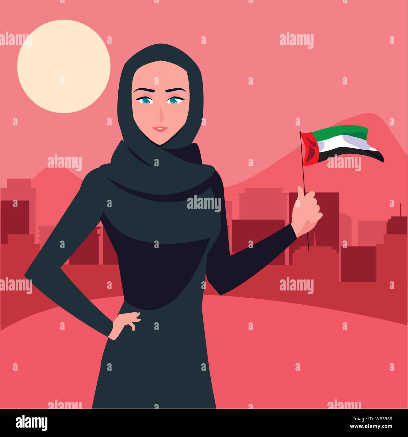 arab women with united arab emirates flag city street background vector ...
