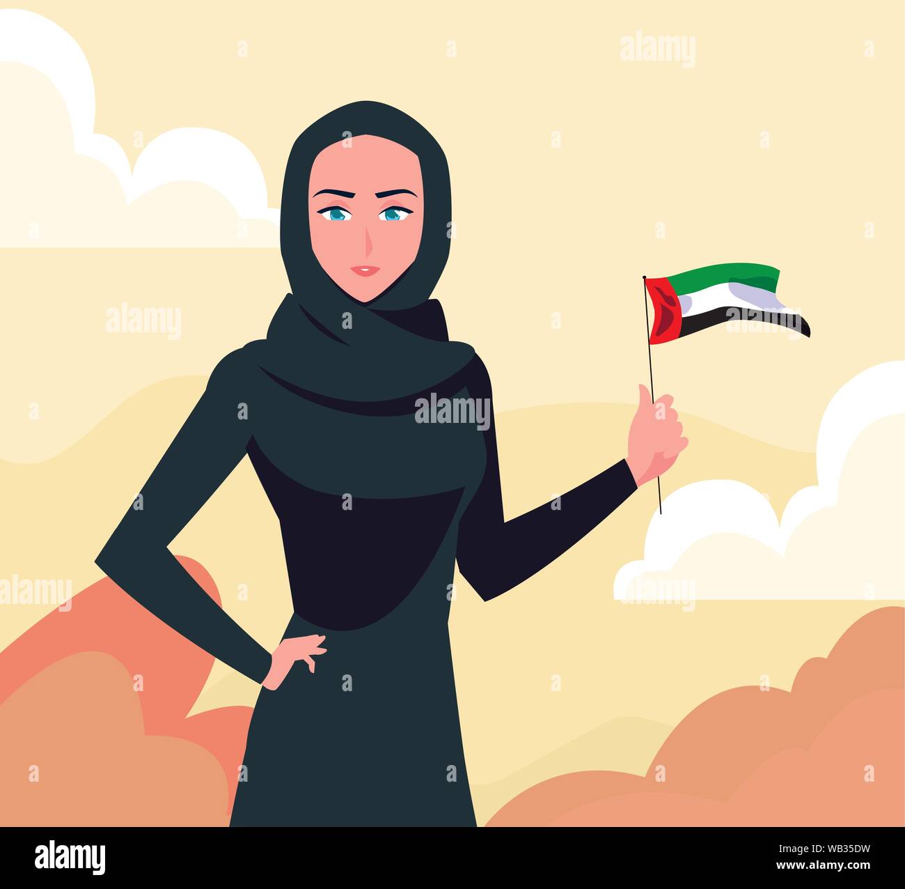 arab women with united arab emirates flag outdoor sky background vector ...