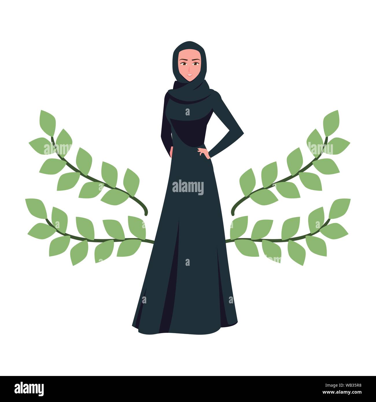 arab woman character in a hijab foliage leaves vector illustration ...