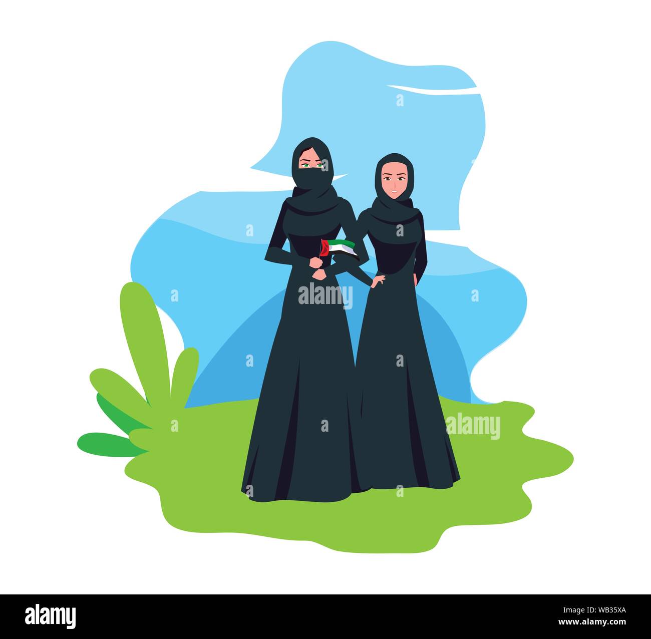 arab women with united arab emirates flag outdoor background vector ...