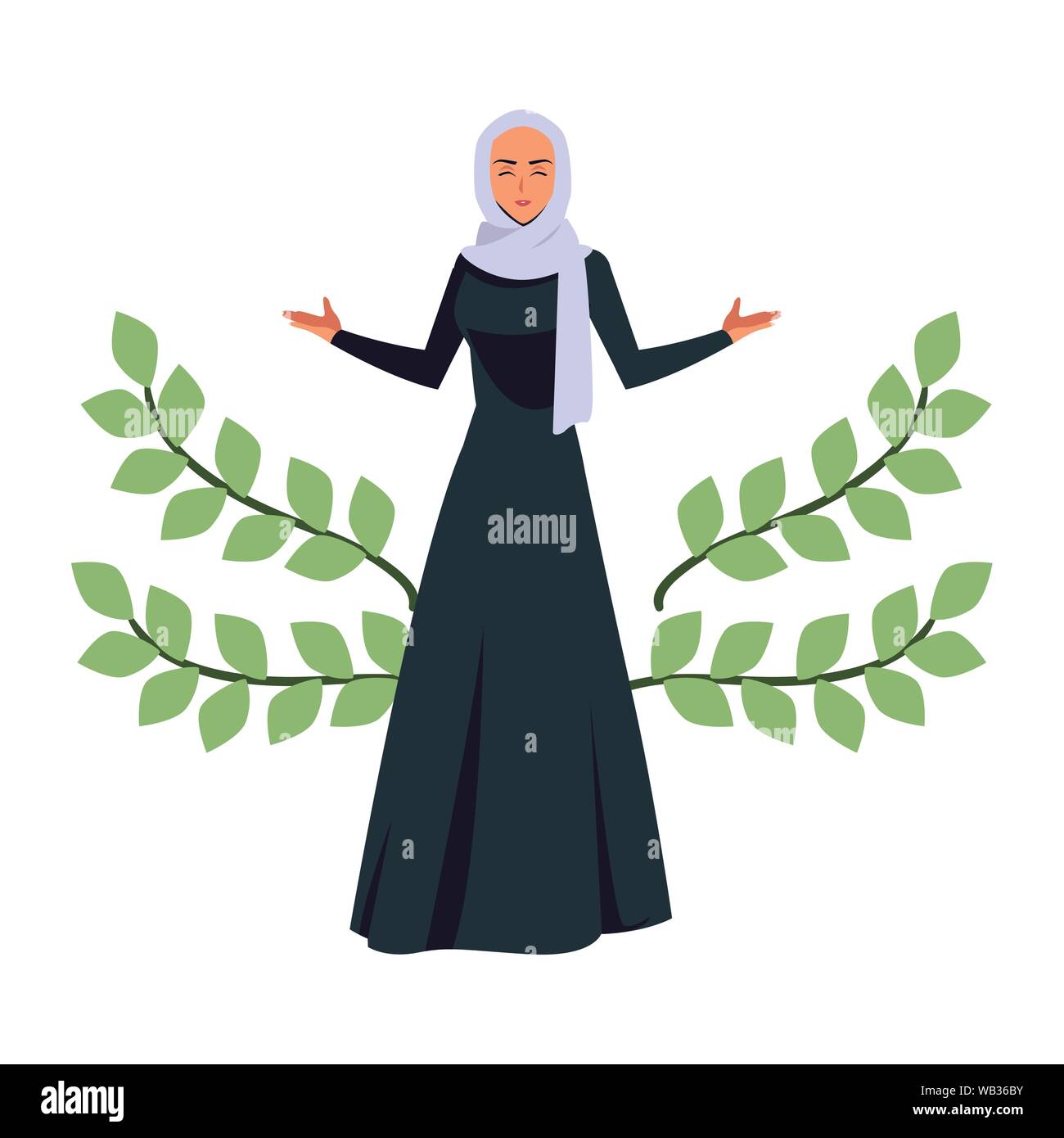 arab woman character in a hijab foliage leaves vector illustration ...