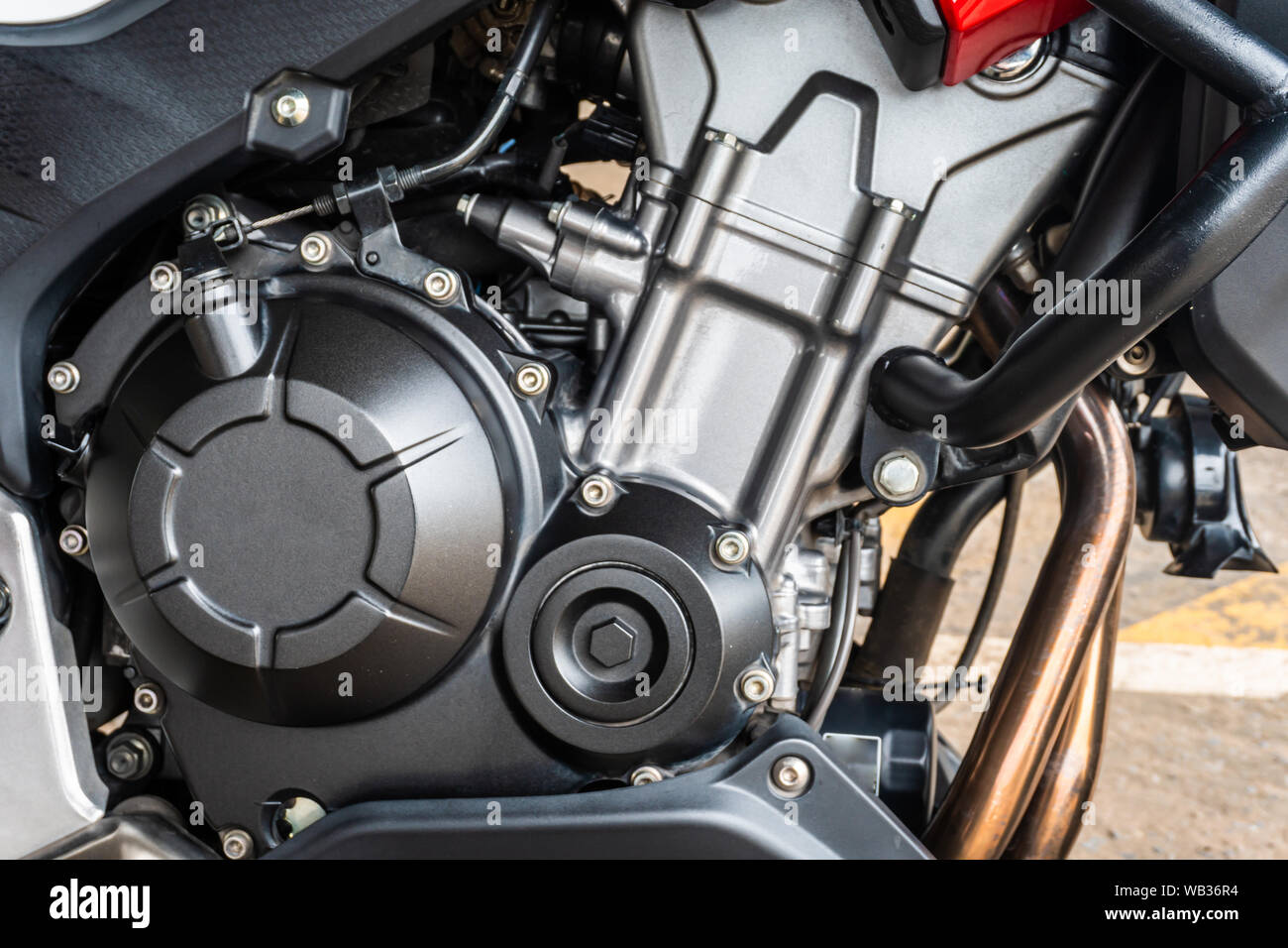 Close up of modern motorcycle engine detail and structure. Select focus ...