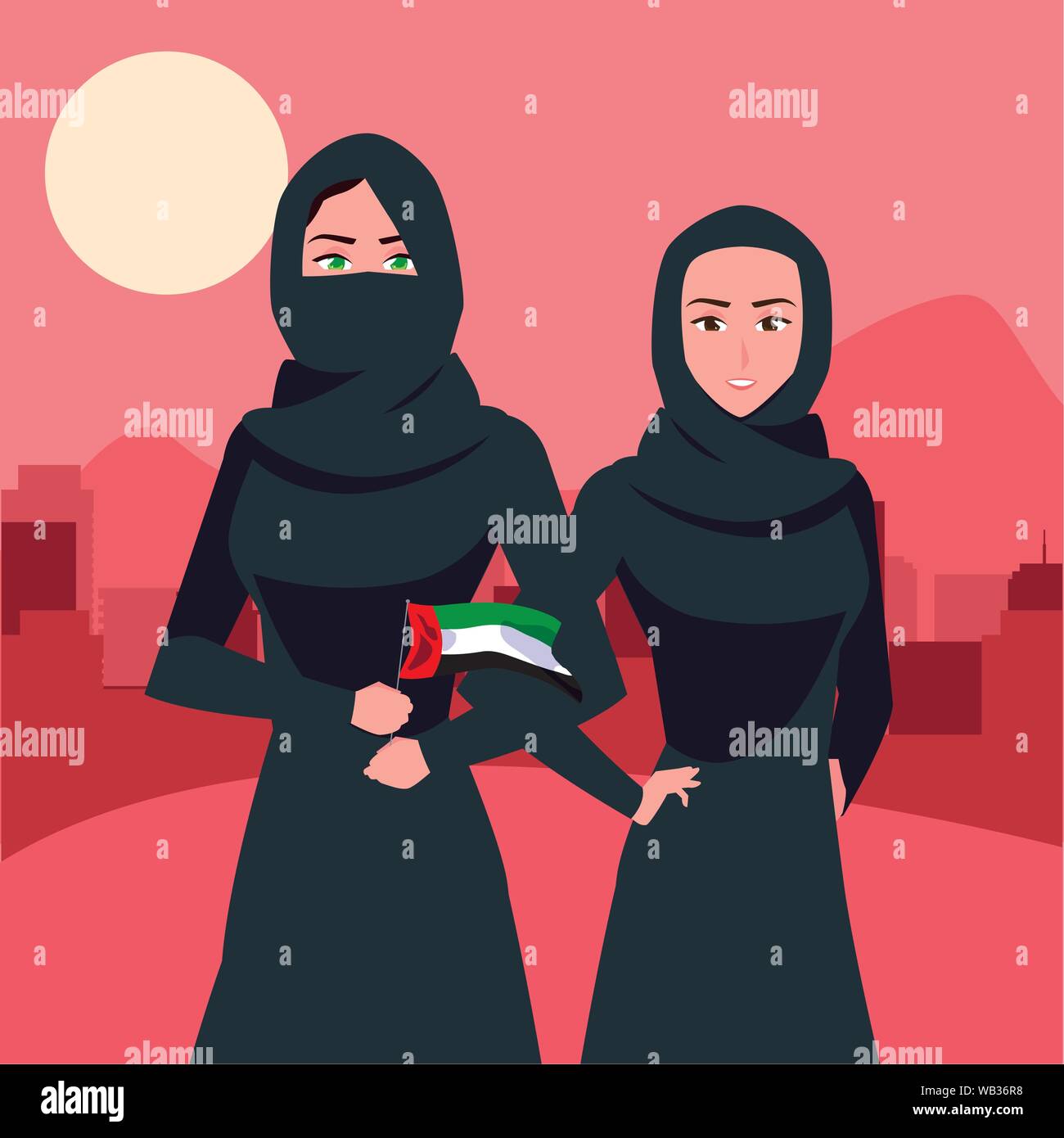 arab women with united arab emirates flag city background vector ...