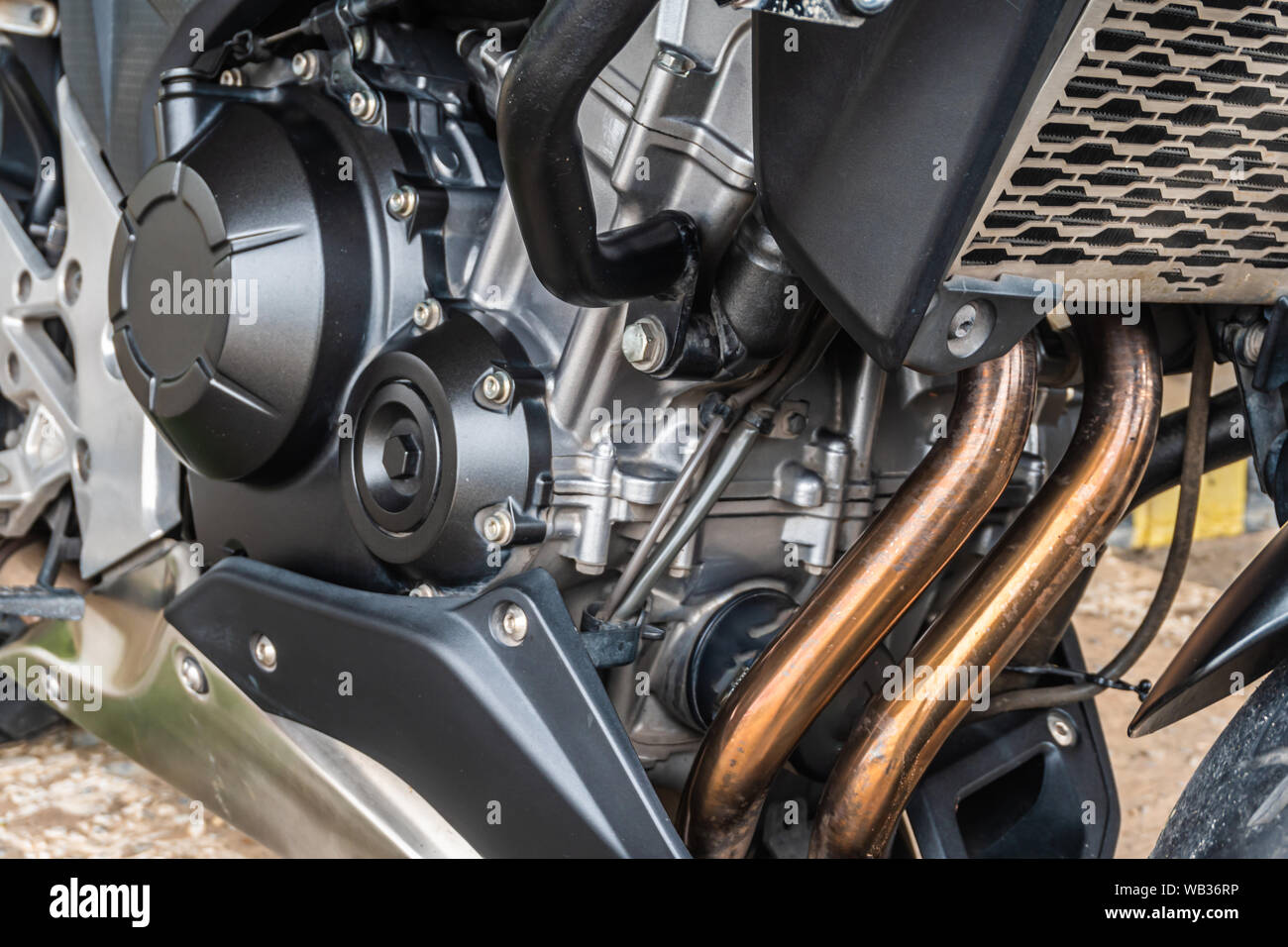 Close up of modern motorcycle engine detail and structure. Select focus ...