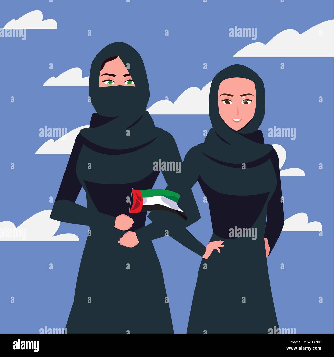 arab women with united arab emirates flag sky background vector ...
