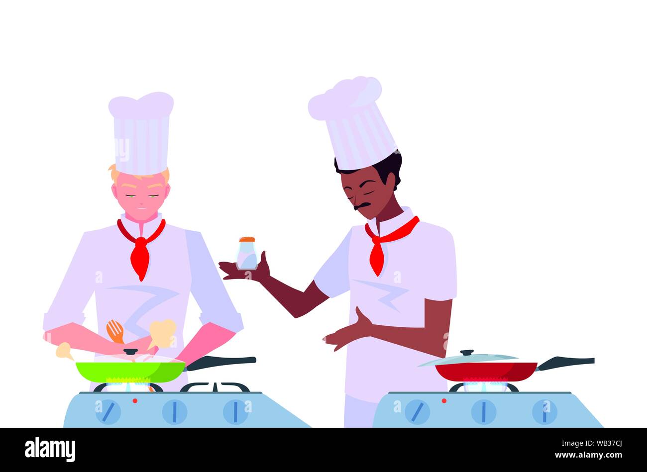 two men characters chef stove pot pan and cooking vector illustration ...
