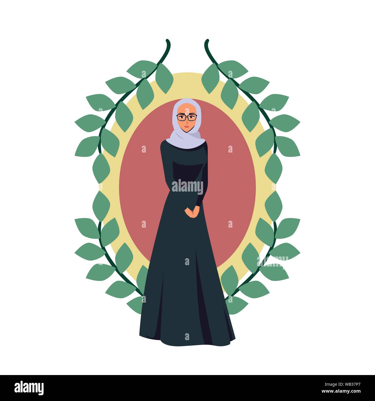 arab woman character in a hijab badge foliage vector illustration Stock ...