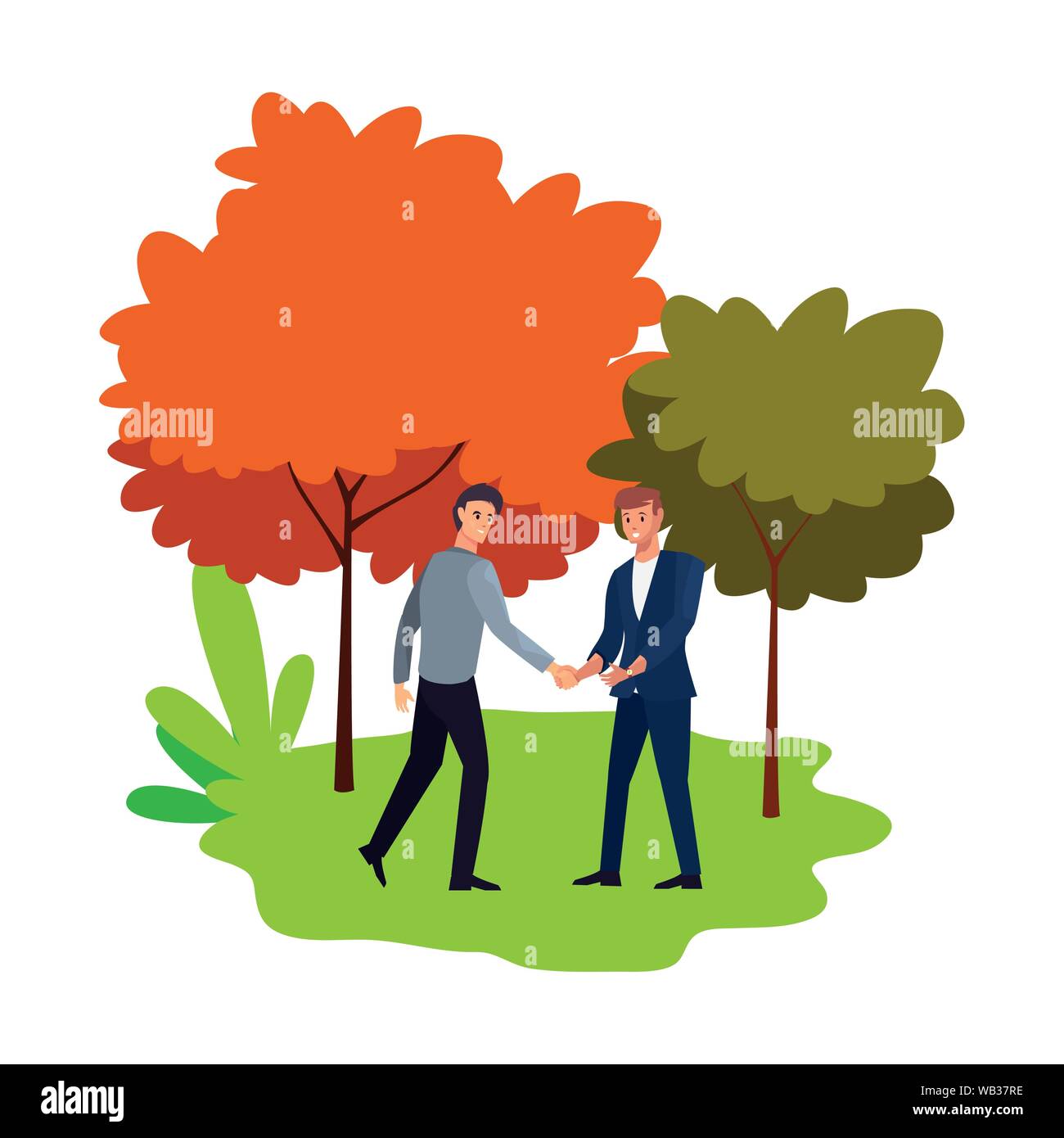 businessmen handshake professional relations park landscape background ...