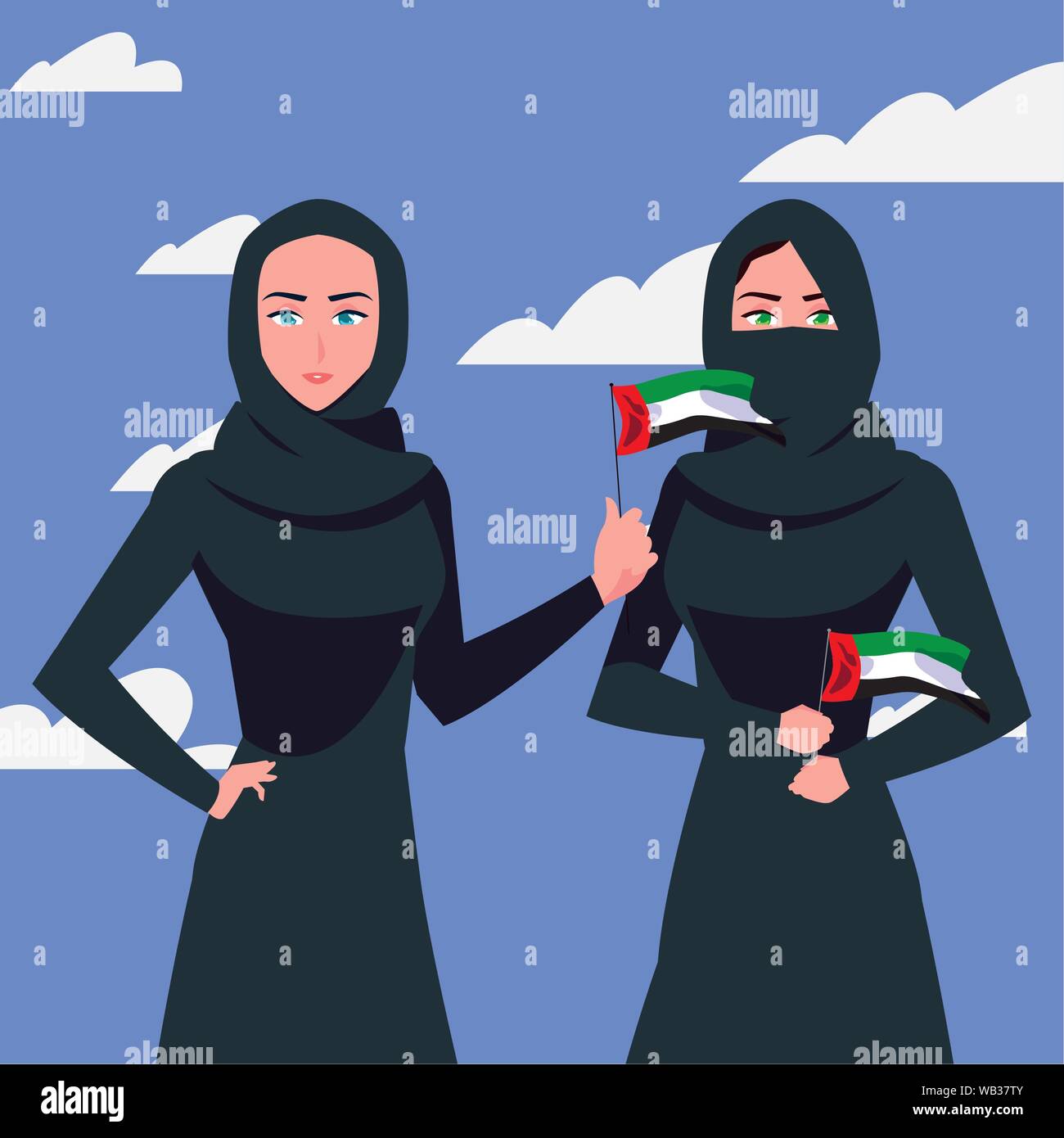 arab women with united arab emirates flag sky background vector ...