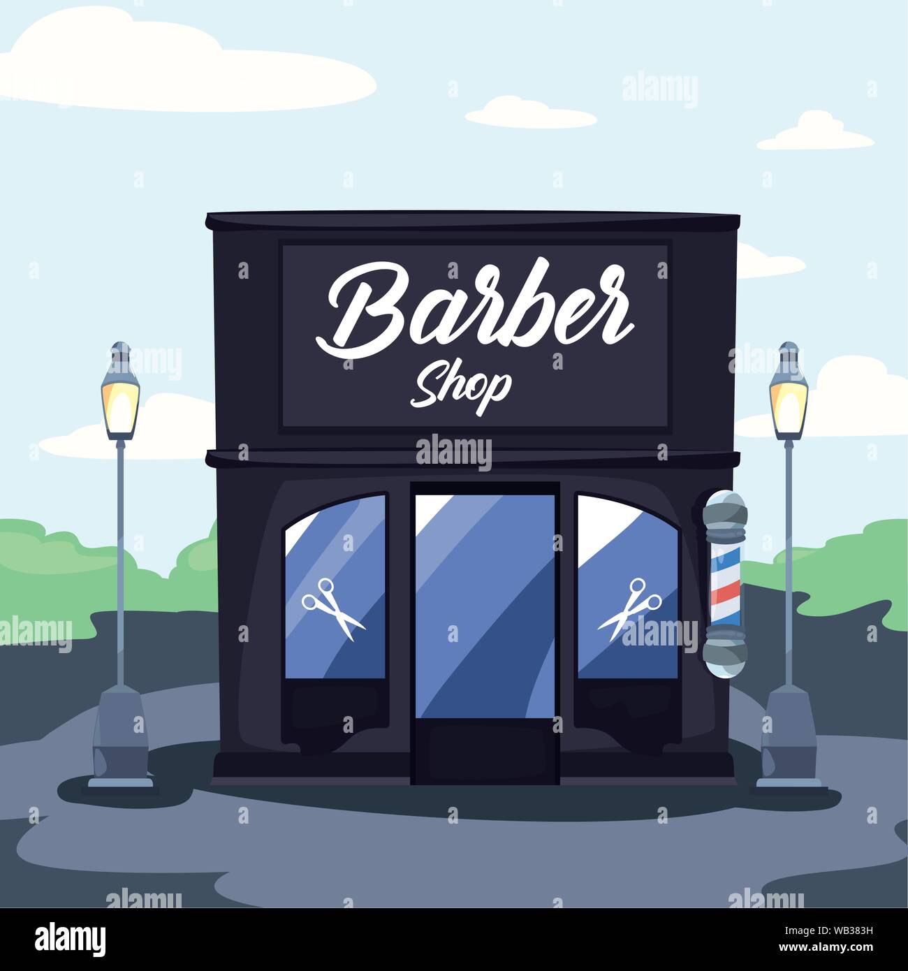barber shop lamp post street market commerce flat design vector ...