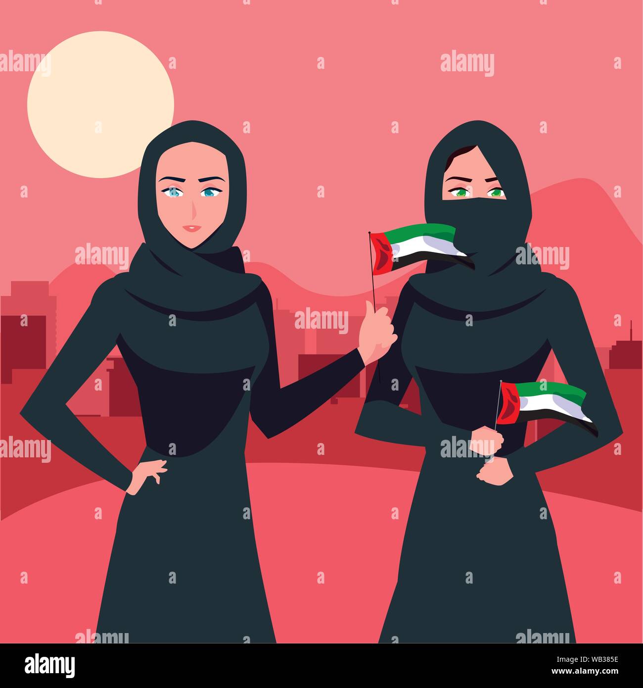 arab women with united arab emirates flag city background vector ...