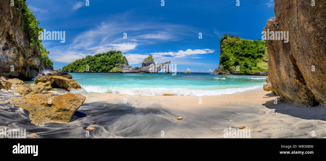 Panorama of paradise tropical beach with small island and perfect azure ...