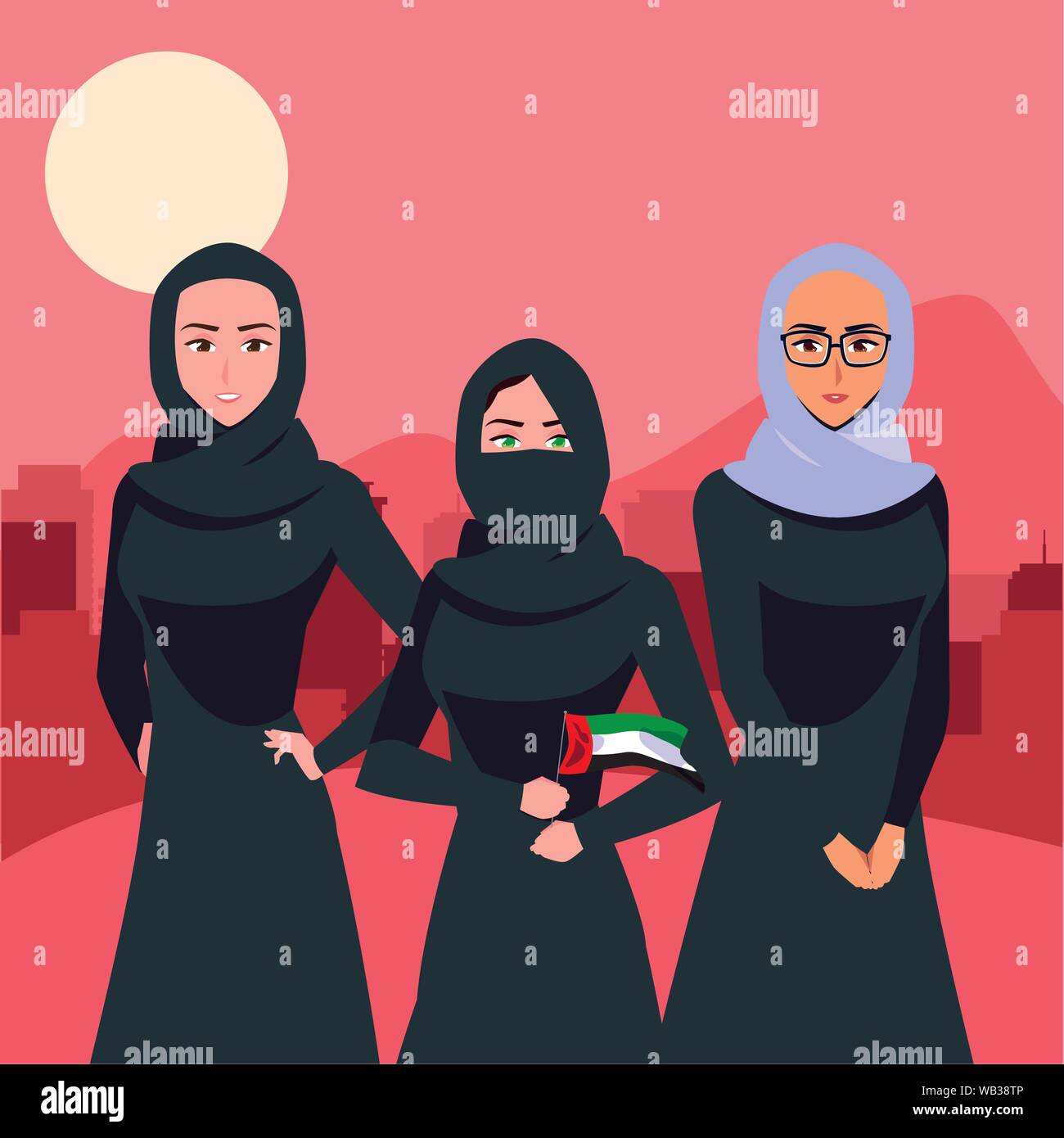 arab women with united arab emirates flag city background vector ...