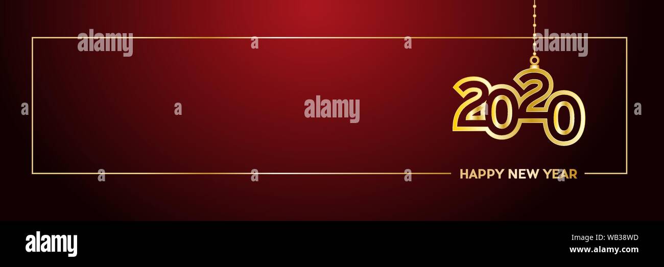 2020 Happy New Year header on red background. Golden text with frame ...