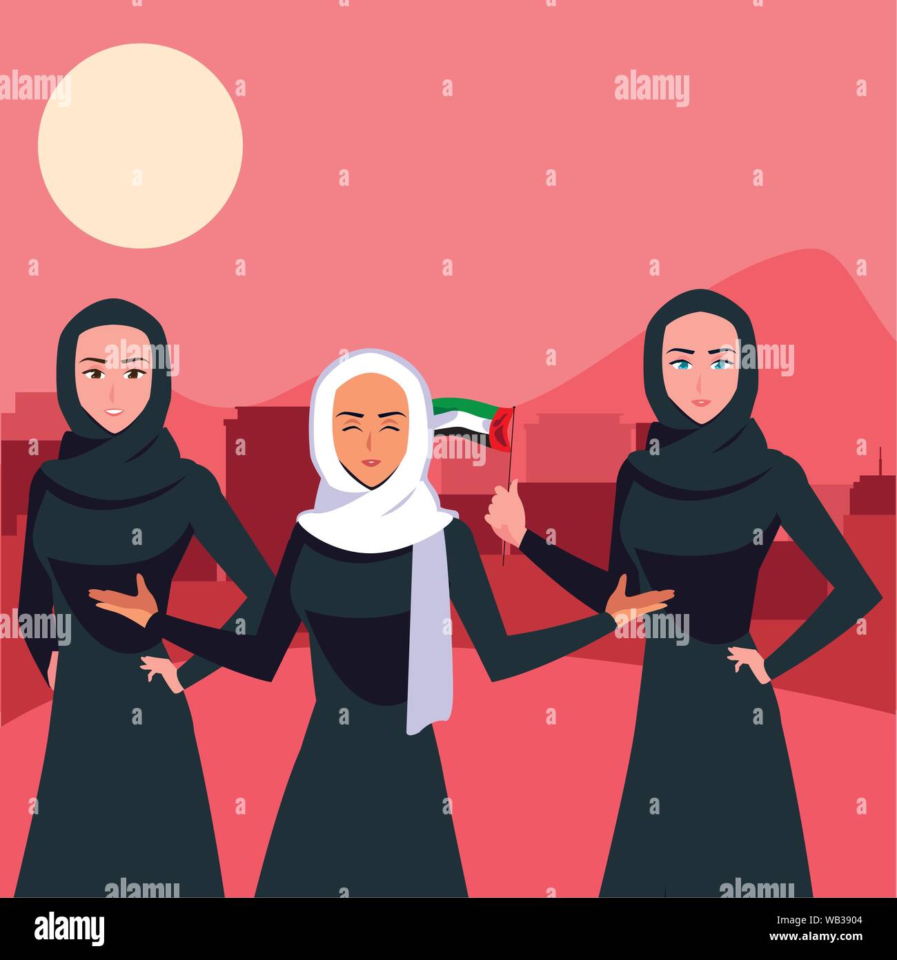 arab women with united arab emirates flag city background vector ...