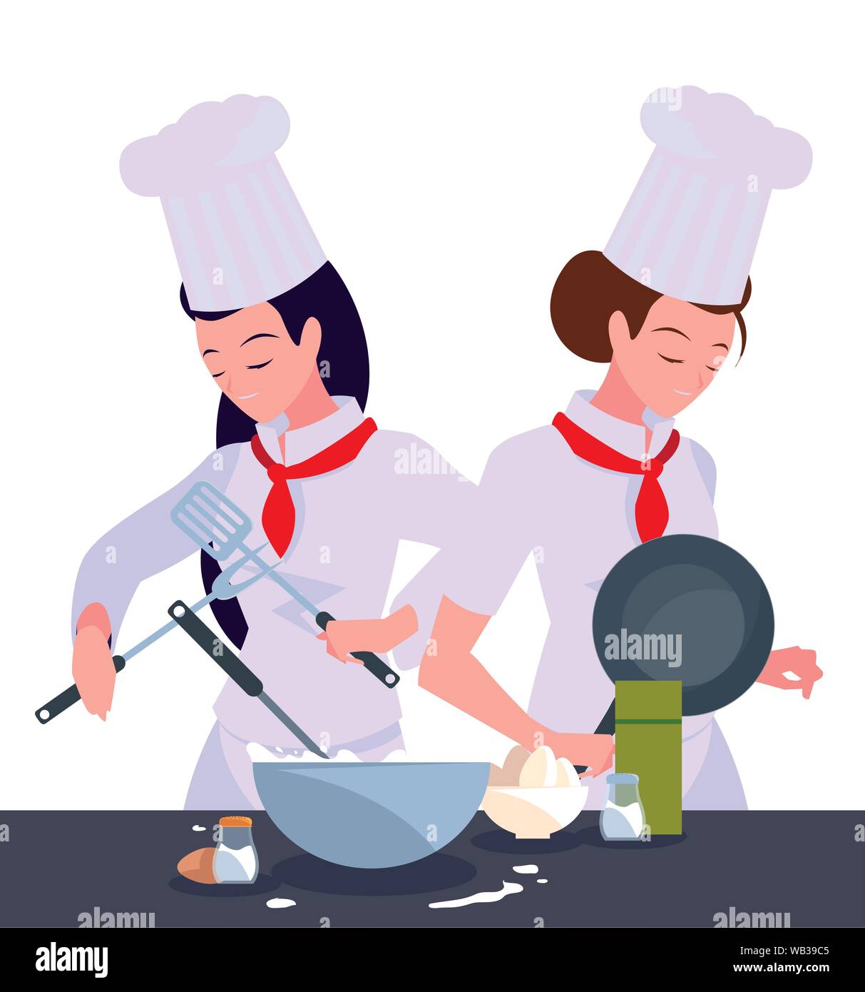 women chef pan bowl fork salt cooking vector illustration Stock Vector ...