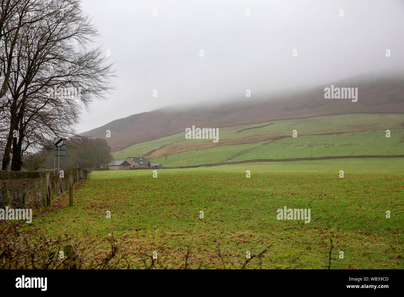 English green countryside in the Forest of Bowland on a foggy winters ...