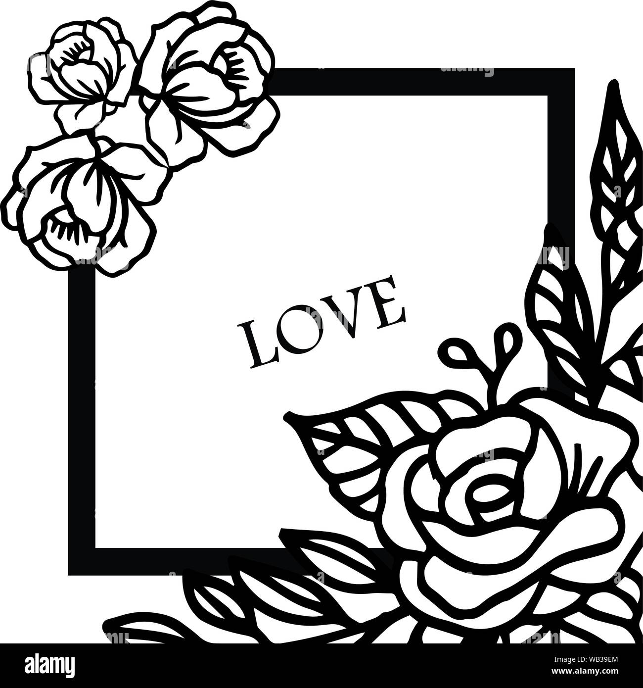 Romantic handwritten lettering love with rose wreath frame blooms ...