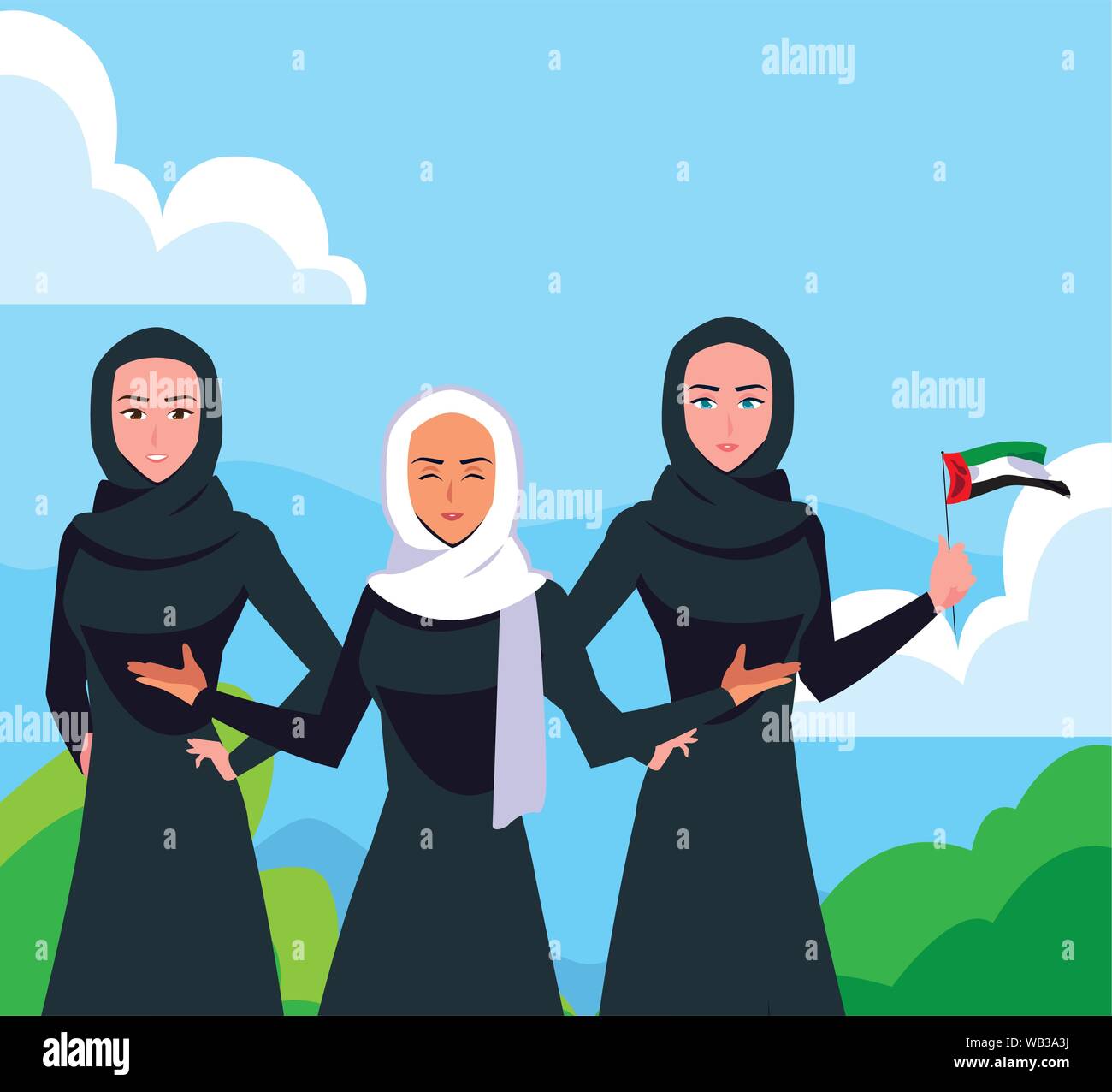 arab women with united arab emirates flag outdoor sky background vector ...