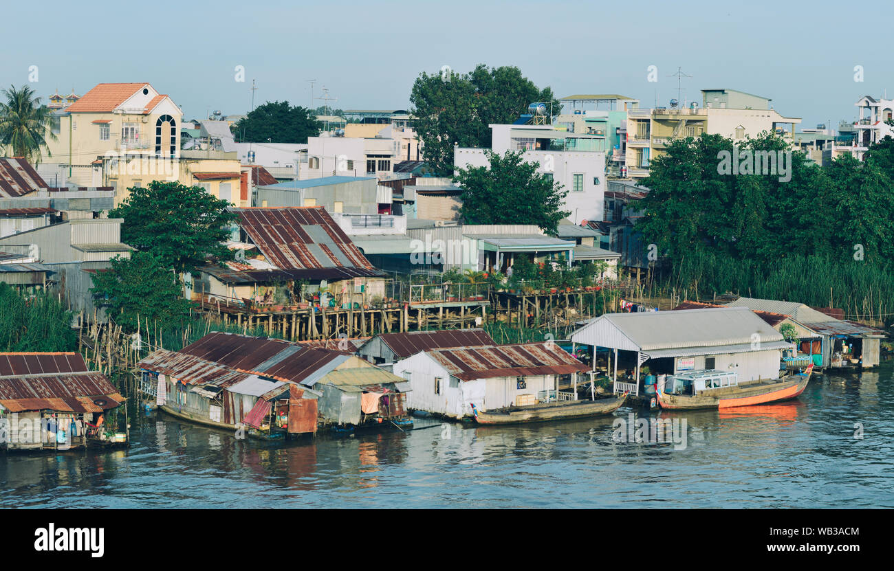 Chau Doc, Vietnam - Sep 3, 2017. Floating houses on Mekong River in ...