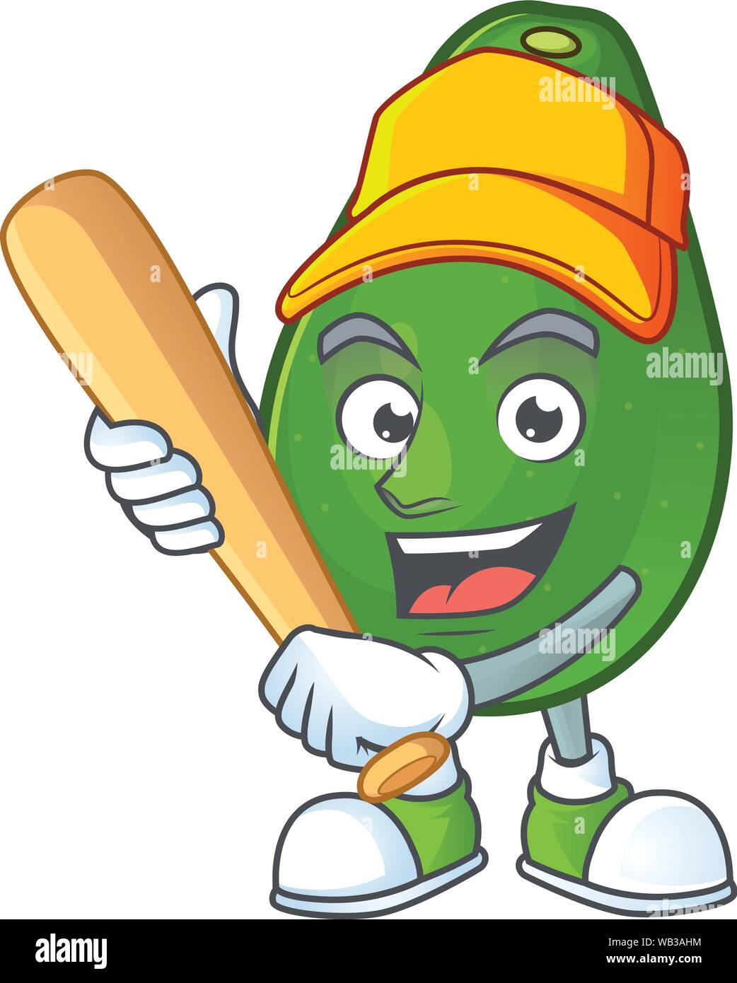 Playing baseball avocado fruit character on white background Stock ...