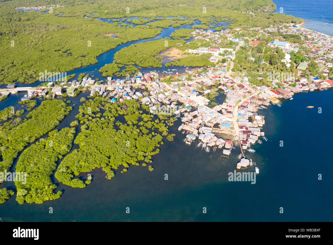 Town on the water and mangroves, top view. Coast of the island of ...