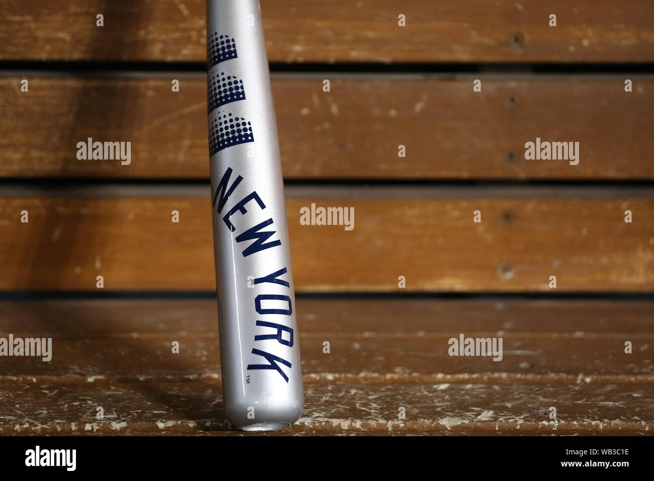 Los Angeles, California, USA. August 23, 2019: A player's bat rests in ...