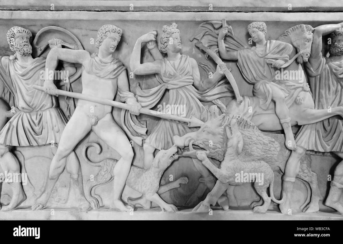 Wild boar hunting scene carved on a Roman sarcophagus. Rome Italy Stock ...