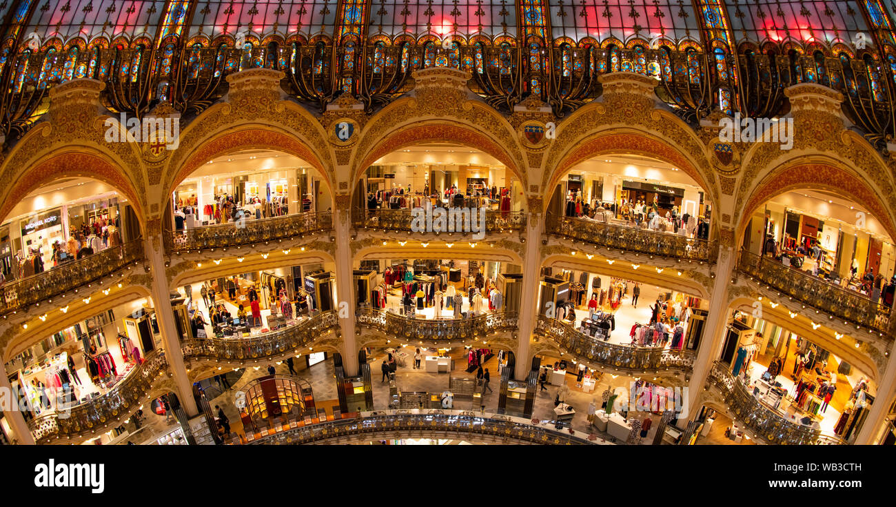PARIS, FRANCE - August 16, 2019, Galeries Lafayette interior from top ...