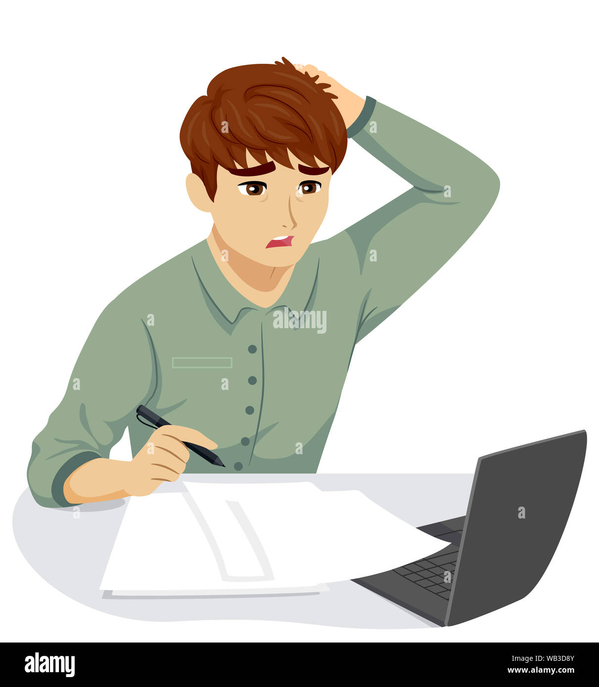 Illustration of a Teenage Guy Scratching His Head While Working on ...