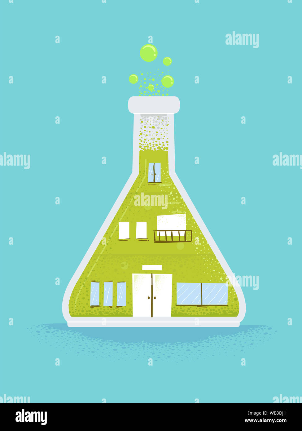 Illustration of a Laboratory Building Shaped as a Flask with Chemicals ...