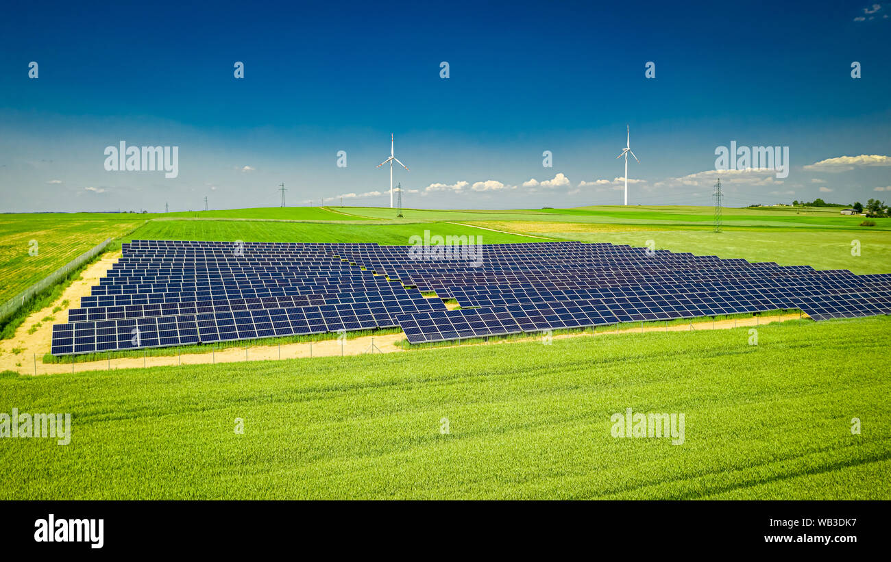 Amazing solar panels on green field, Poland from above Stock Photo - Alamy