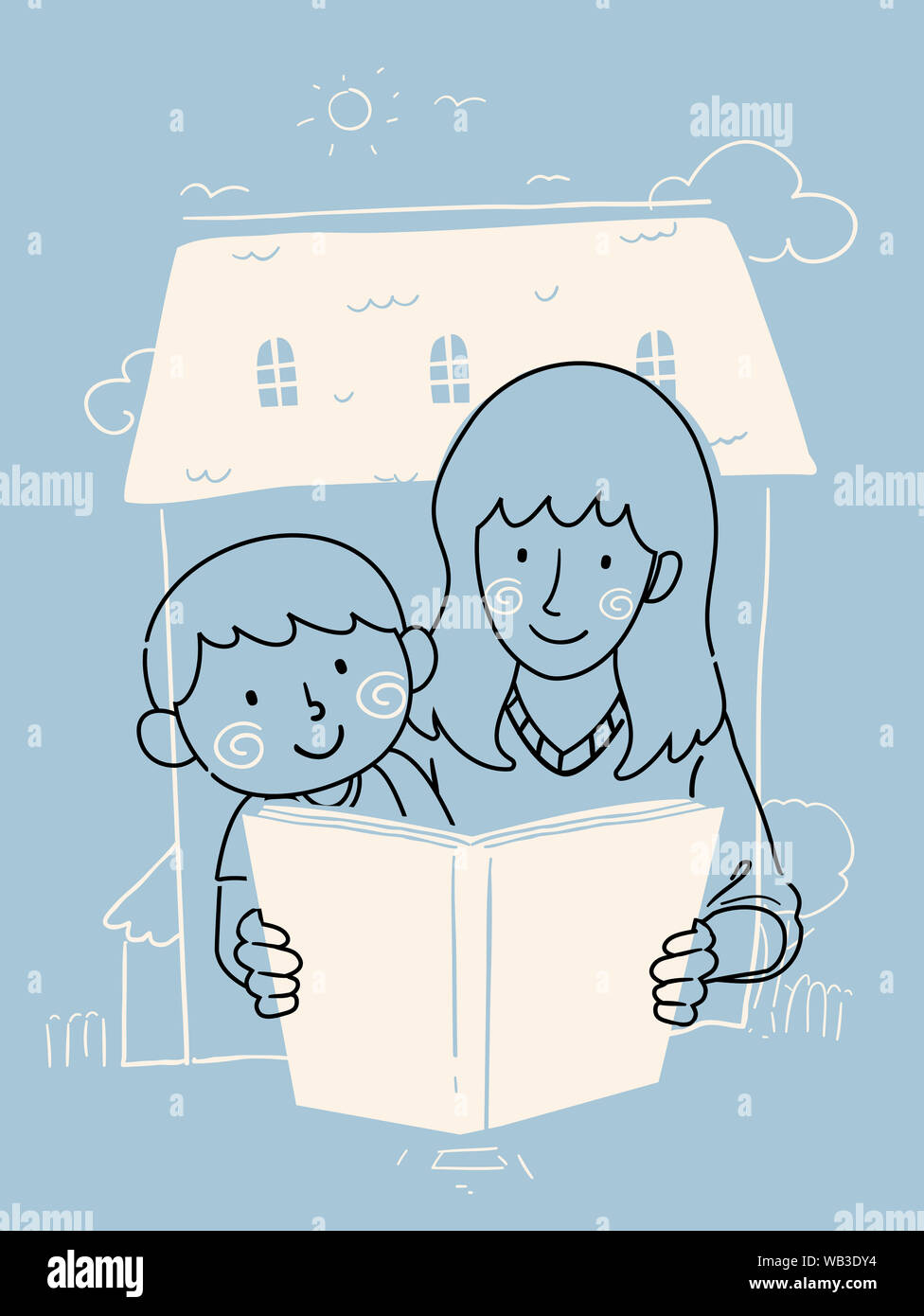 Illustration of a Kid Boy Reading a Book with Mother at Home. Child ...