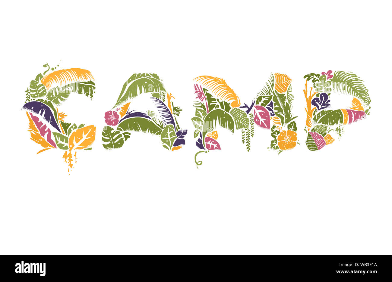 Illustration of Camp Lettering with Tropical Leaves and Flowers Stock ...