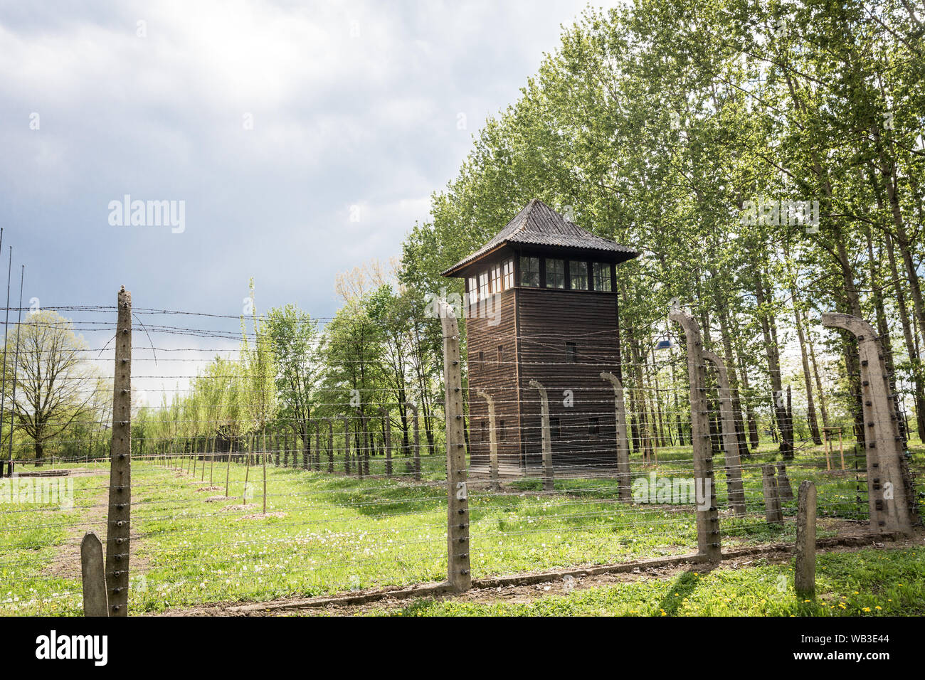 Watchtower and fence on territory of Auschwitz II Stock Photo - Alamy