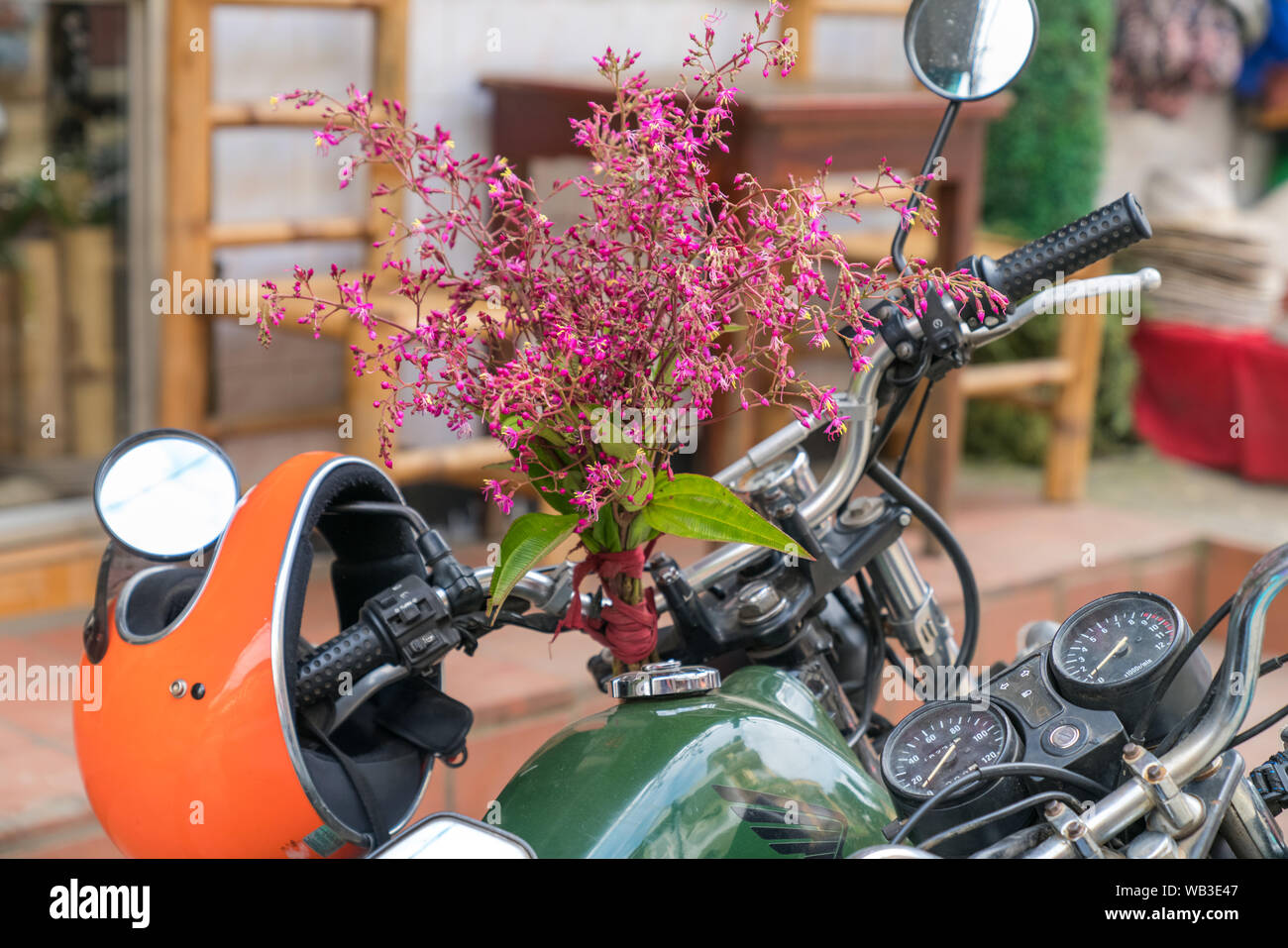 Flowers on vintage motorcycle Stock Photo - Alamy