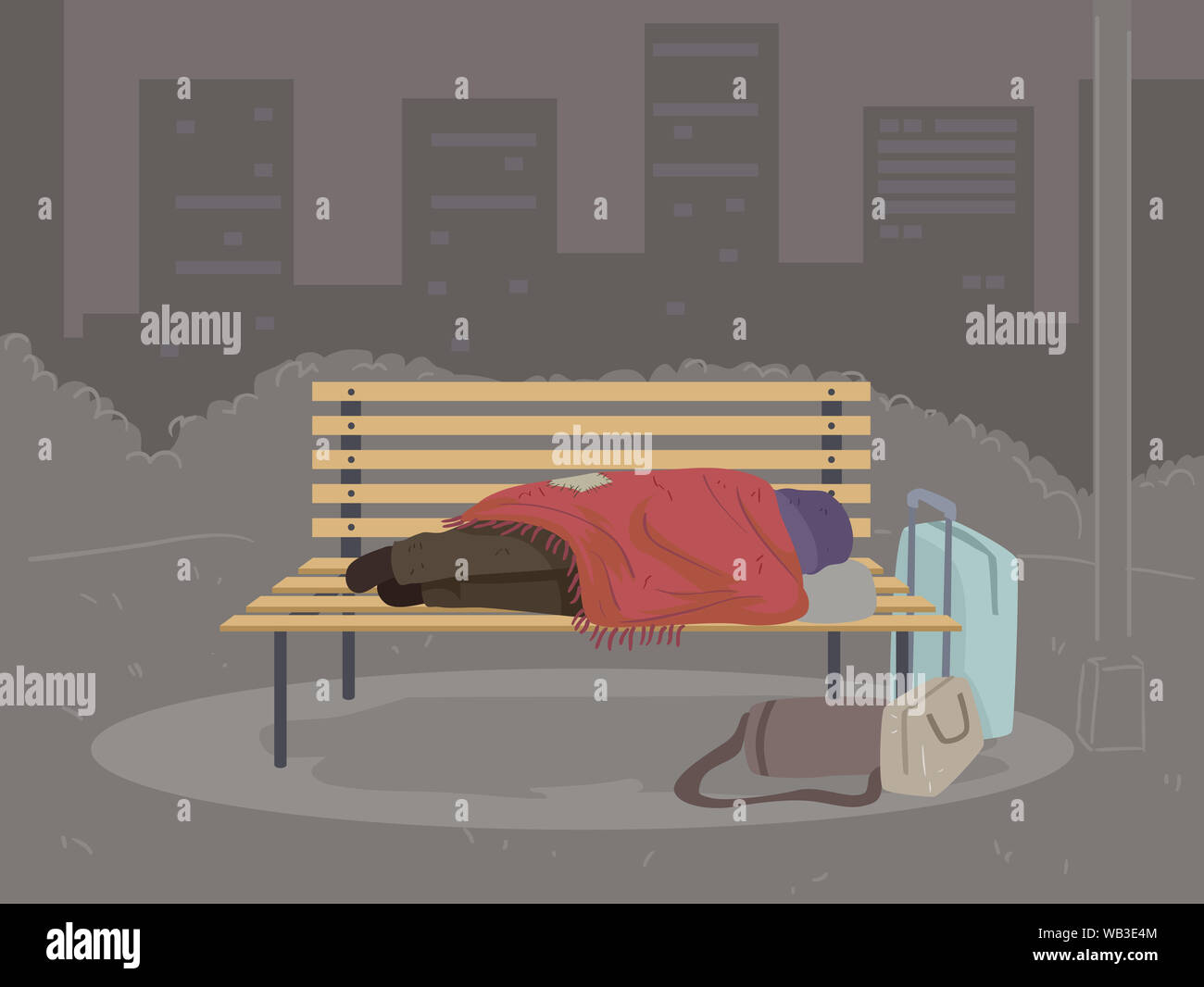 Illustration of a Homeless Person Under Covers Sleeping Outdoors on a ...
