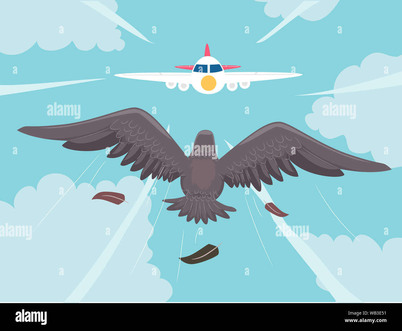 Illustration of a Flying Bird Towards a Coming Airplane. Bird Strike ...
