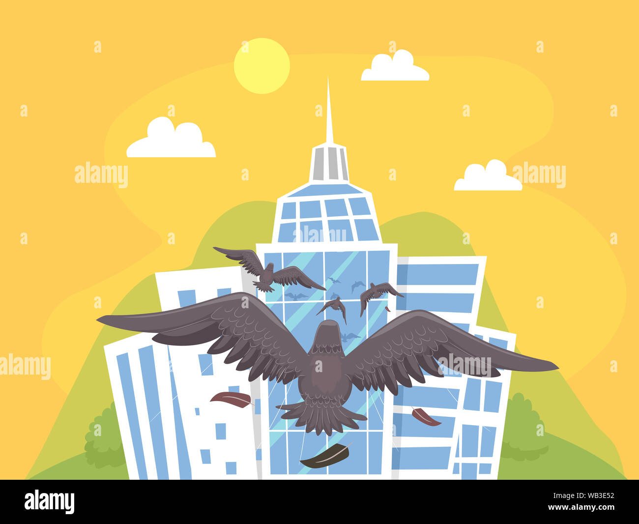 Illustration of Flying Birds Towards Tall Buildings. Bird Strike or ...