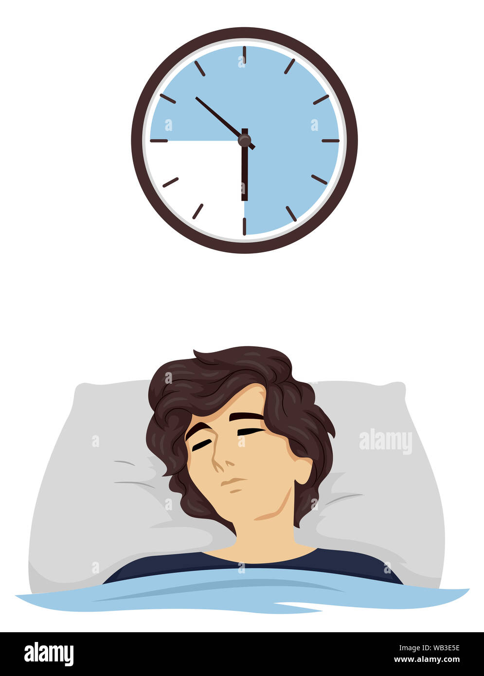 Illustration of a Teenage Guy Sleeping with Clock Above. Nine Hours ...