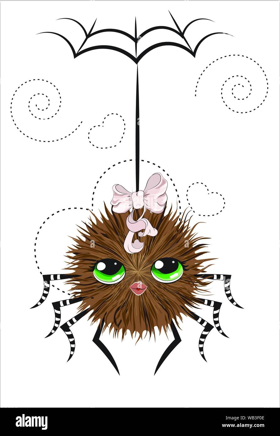 cartoon fluffy smiling spider girl with bow, hangs on a thread. Can be ...