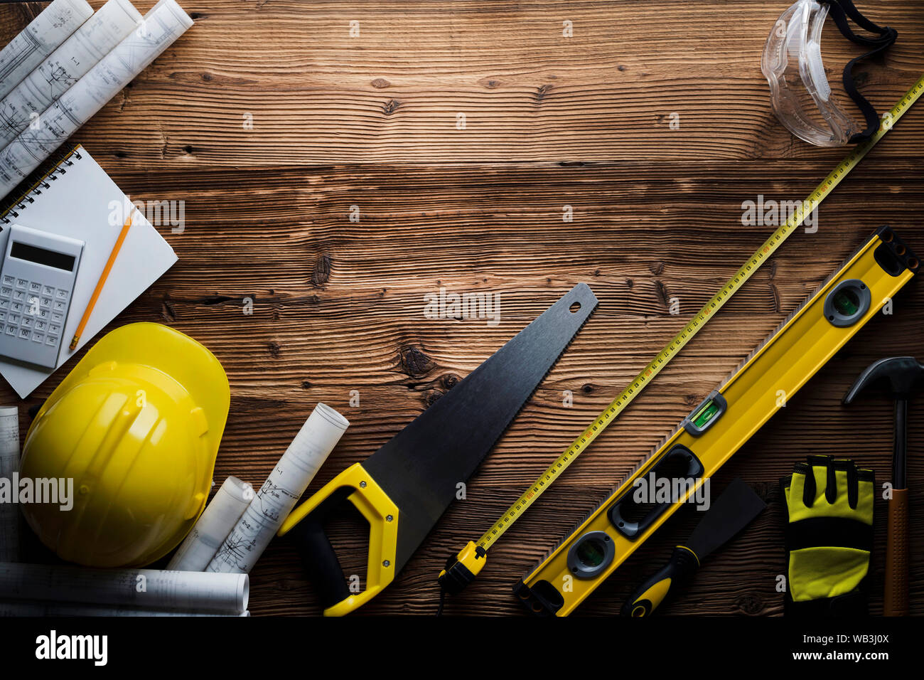 Construction and renovation concept. Building contractor tools on ...