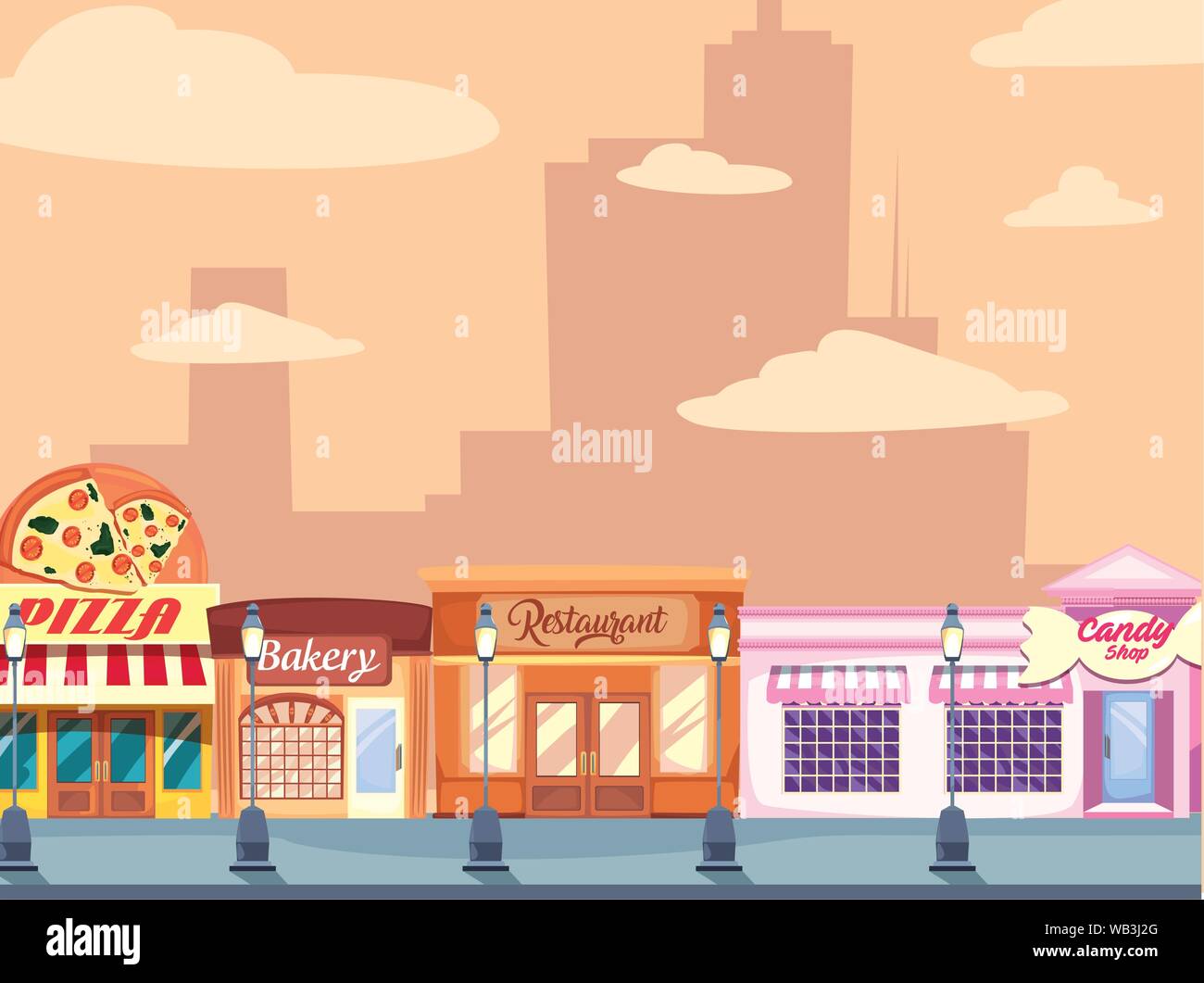 street market commerce facades shop buildings flat design vector ...