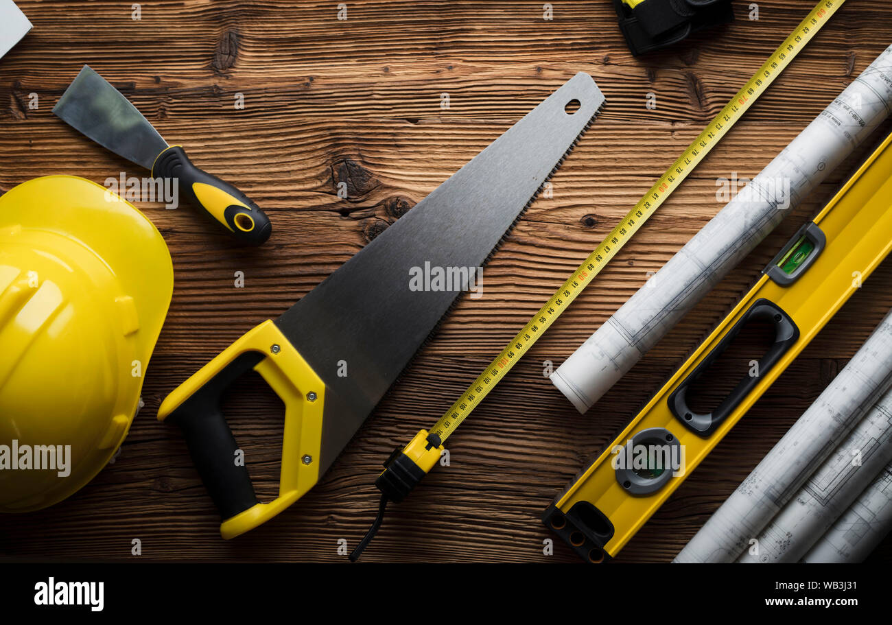Construction and renovation concept. Building contractor tools on ...