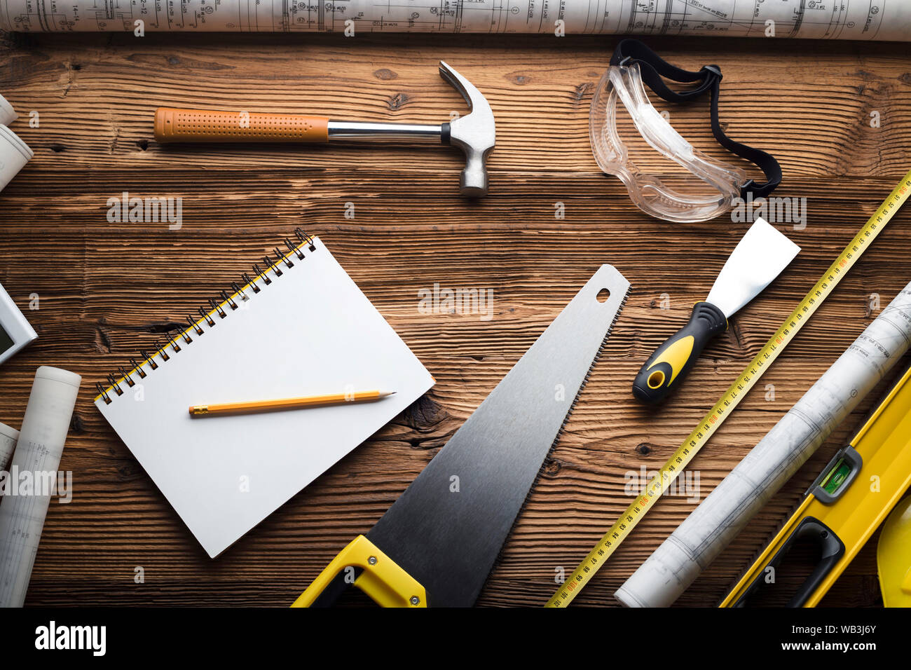 Construction and renovation concept. Building contractor tools on ...