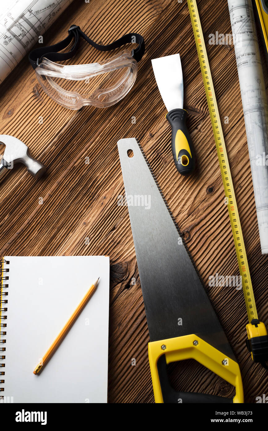 Construction and renovation concept. Building contractor tools on ...