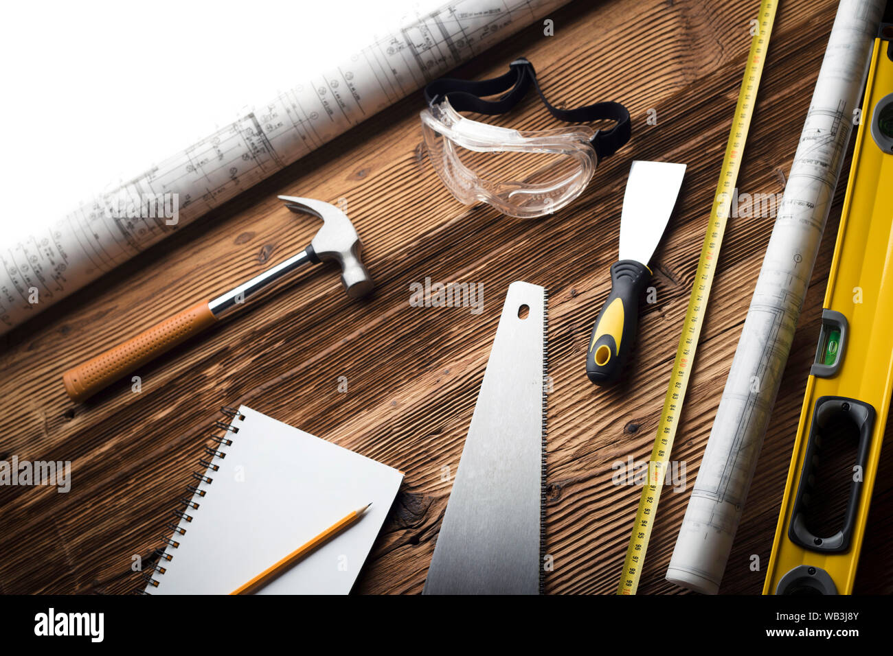 Construction and renovation concept. Building contractor tools on ...